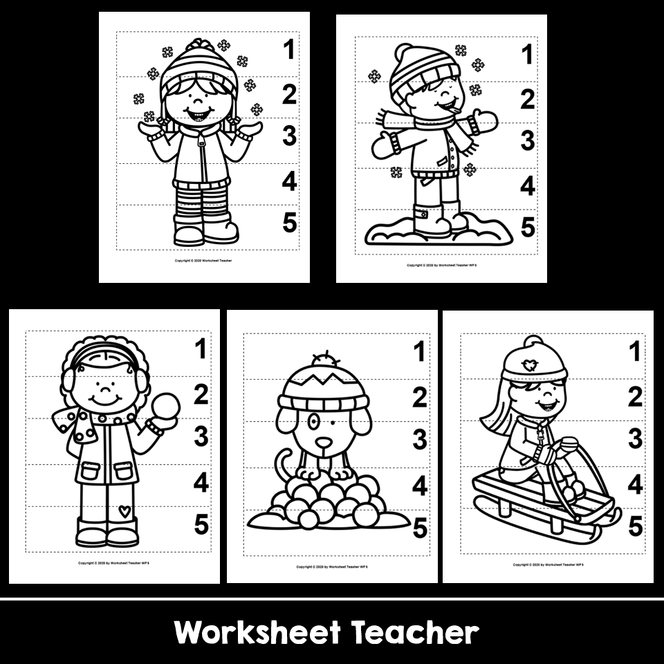 5 Winter Number Sequence B&W Picture Puzzles - Classful