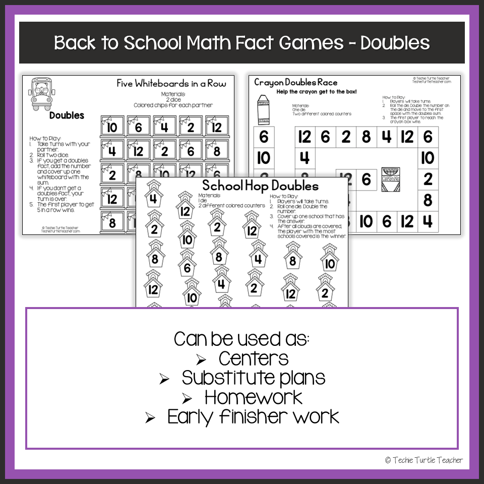 Back to School Addition Doubles Strategy Math Fact Games- Partner ...