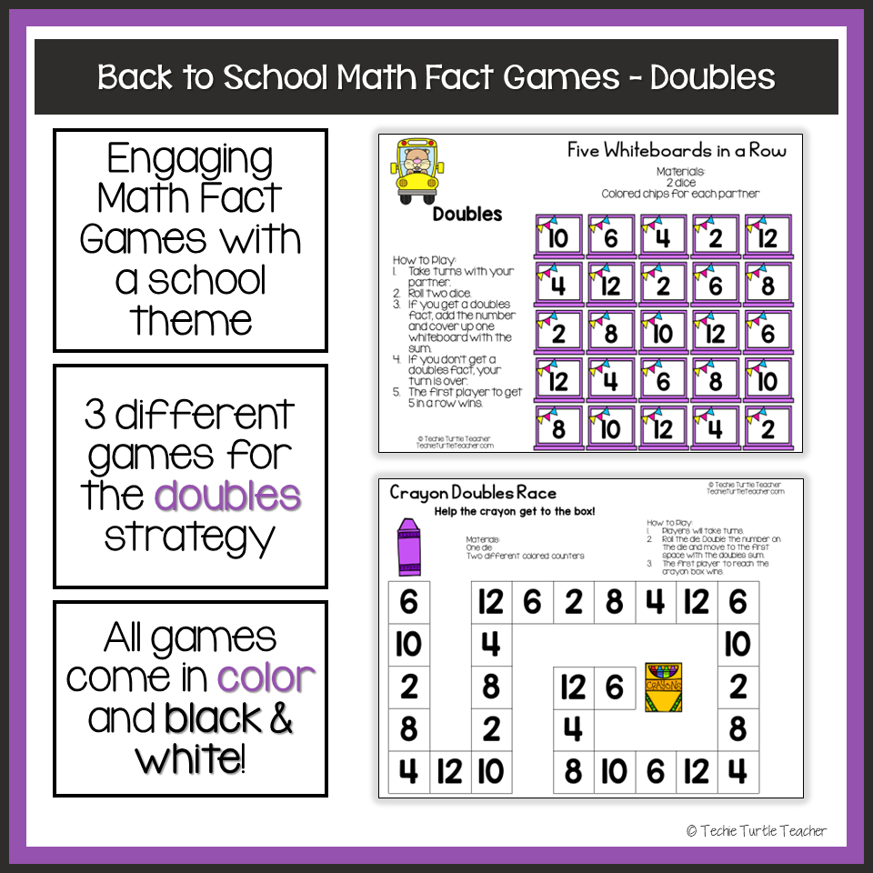 Back to School Addition Doubles Strategy Math Fact Games- Partner ...