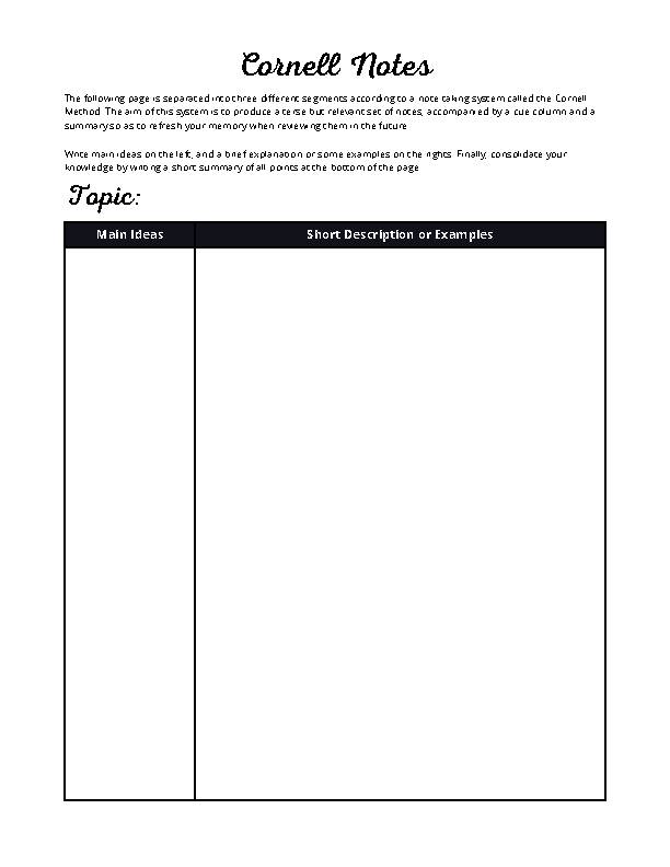 Cornell Notes Template (e-Fillable) - Classful