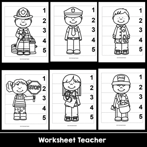 10 Community Helpers Number Sequence B&W Puzzles - Classful
