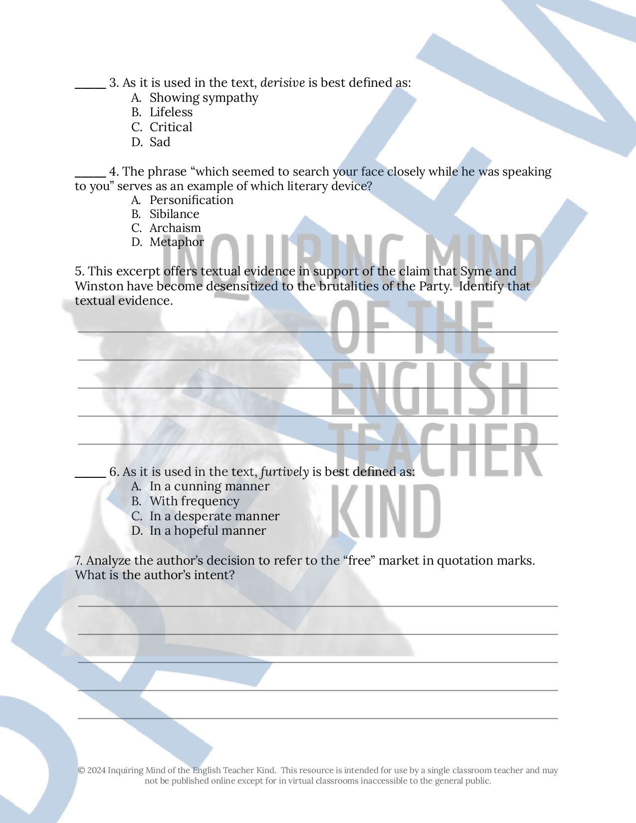 1984 Book 1 Chapter 5 Close Reading Analysis Worksheet for High School ...