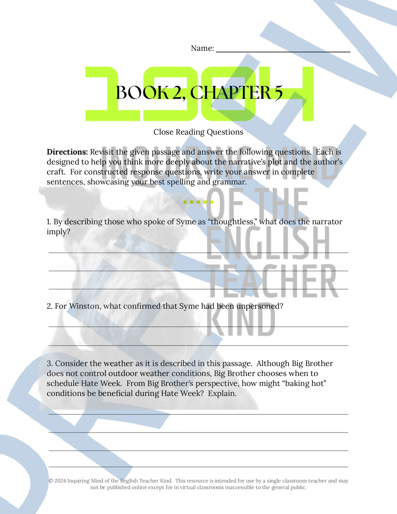 1984 Book 2 Chapter 5 Close Reading Analysis Worksheet for High School ...