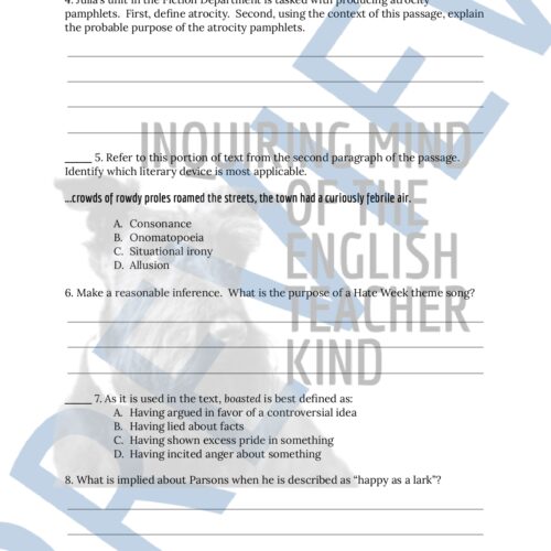 1984 Book 2 Chapter 5 Close Reading Analysis Worksheet for High School ...