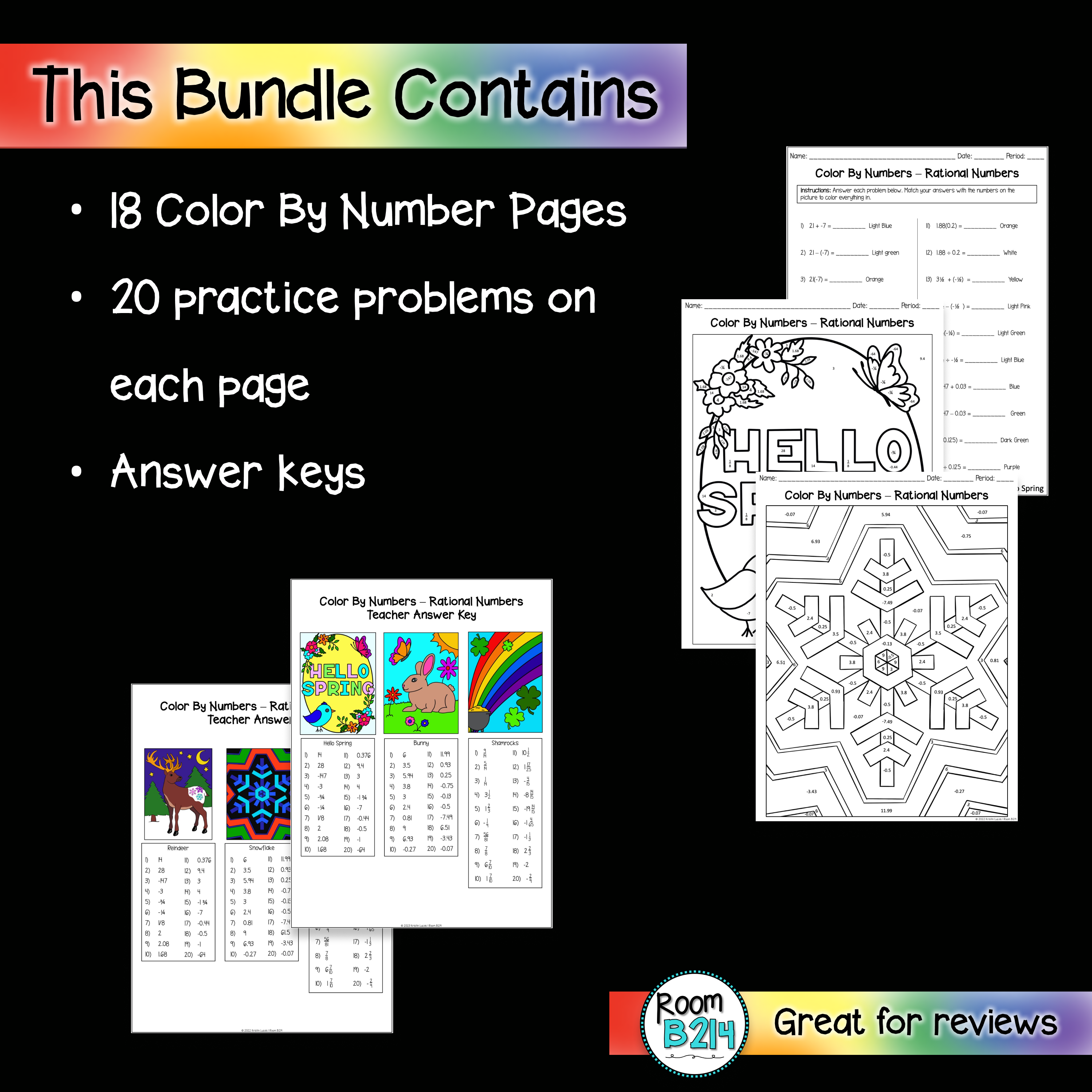 Rational Numbers Color By Number Bundle TEKS 7.3A - Classful