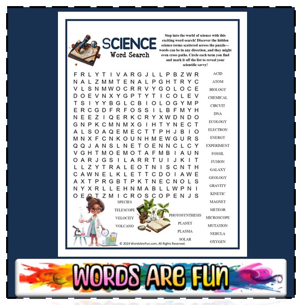 SCIENCE Word Search Puzzle Handout Fun Activity - Classful