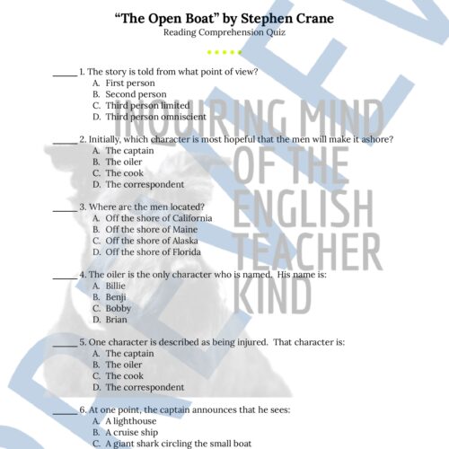 The Open Boat by Stephen Crane Quiz and Answer Key for High School ...