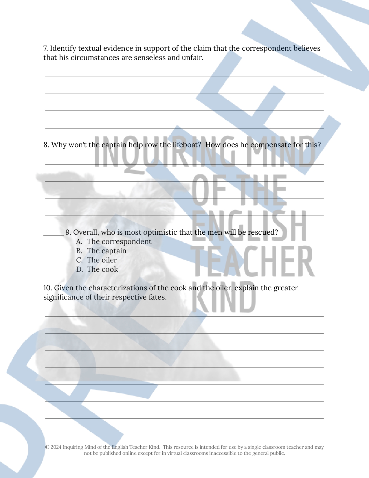 The Open Boat by Stephen Crane Close Reading Analysis Worksheet - Classful