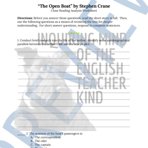 The Open Boat by Stephen Crane Close Reading Analysis Worksheet - Classful