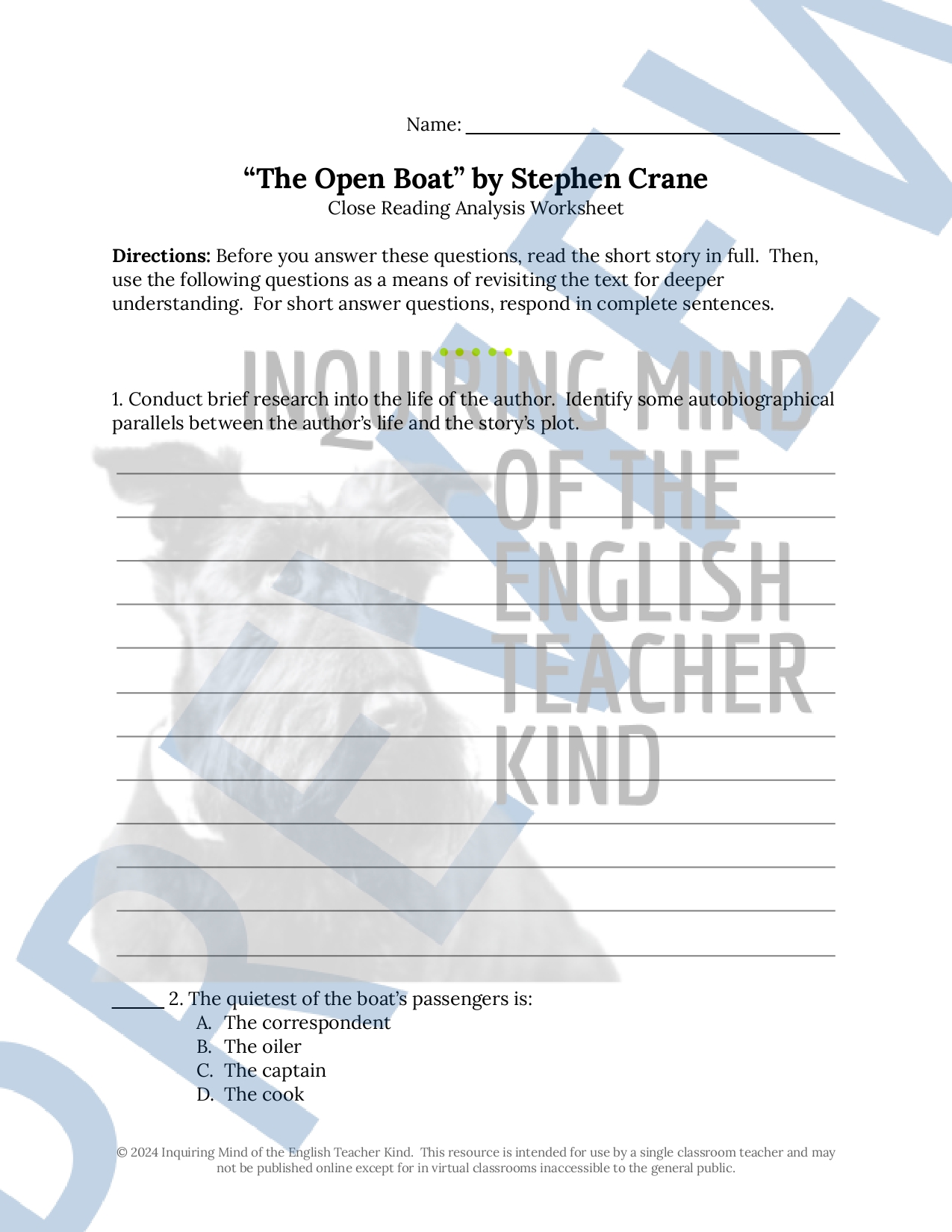The Open Boat by Stephen Crane Close Reading Analysis Worksheet - Classful