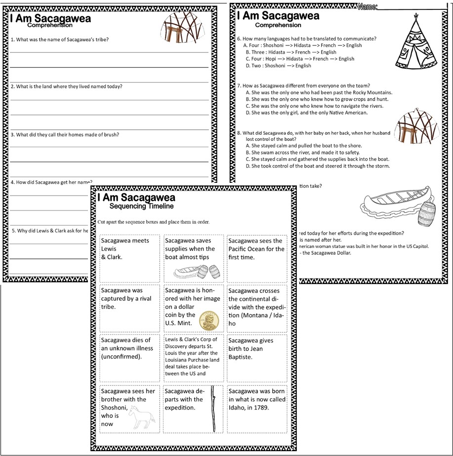 I Am Sacagawea Reading Comprehension Test & Sequencing Worksheets ...