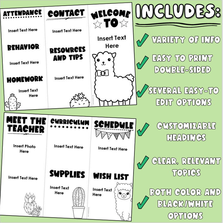 Back to School Meet the Teacher Open House Llama and Cactus Brochure ...