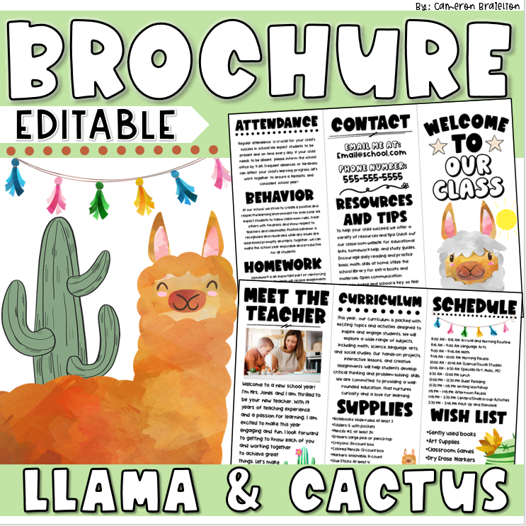 Back to School Meet the Teacher Open House Llama and Cactus Brochure ...