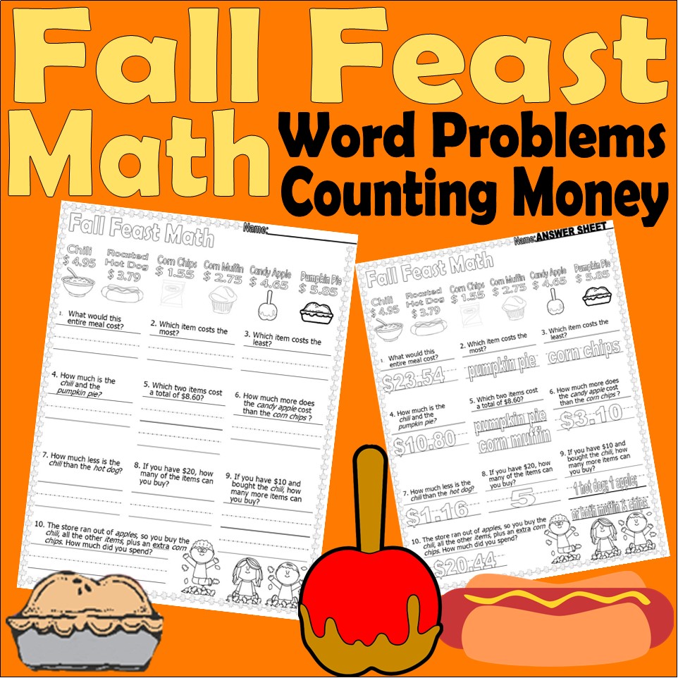 Counting Money Fall Feast Math Worksheet Word Problems Adding ...