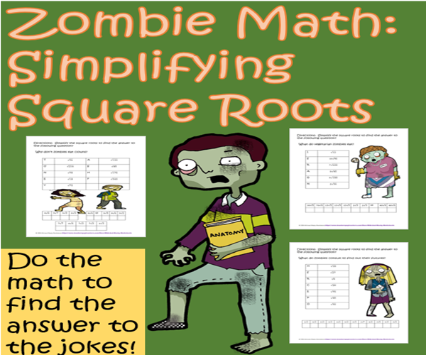 Zombie Math- Halloween-themed worksheets on simplifying square roots ...