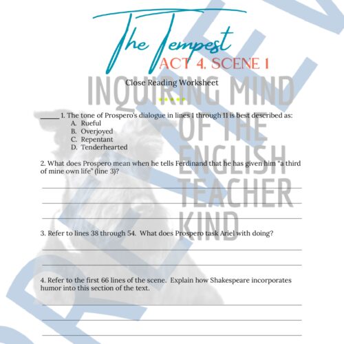 The Tempest Act 4 Scene 1 Close Reading Analysis Worksheet for High ...