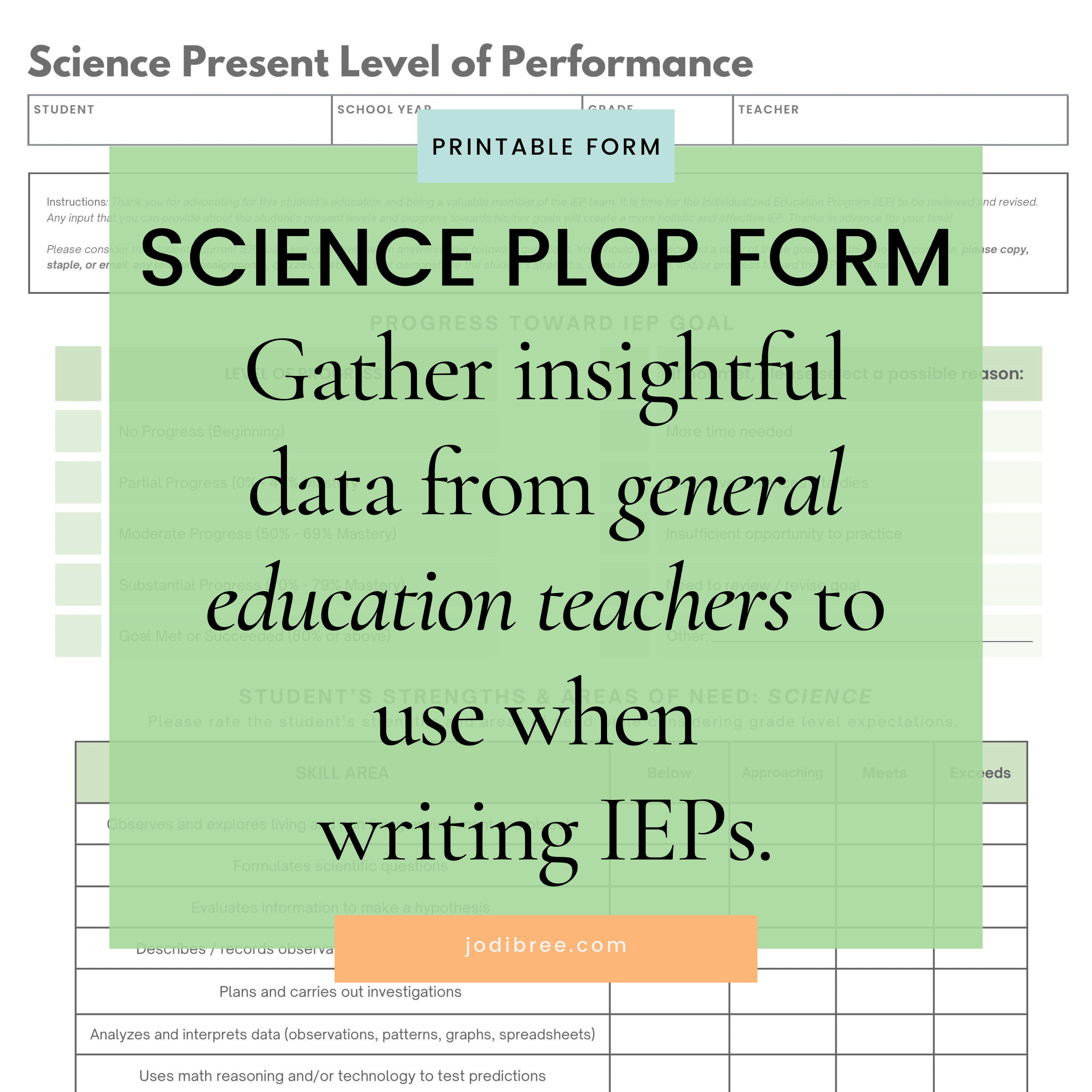 IEP Present Level of Performance Form - Science - Classful