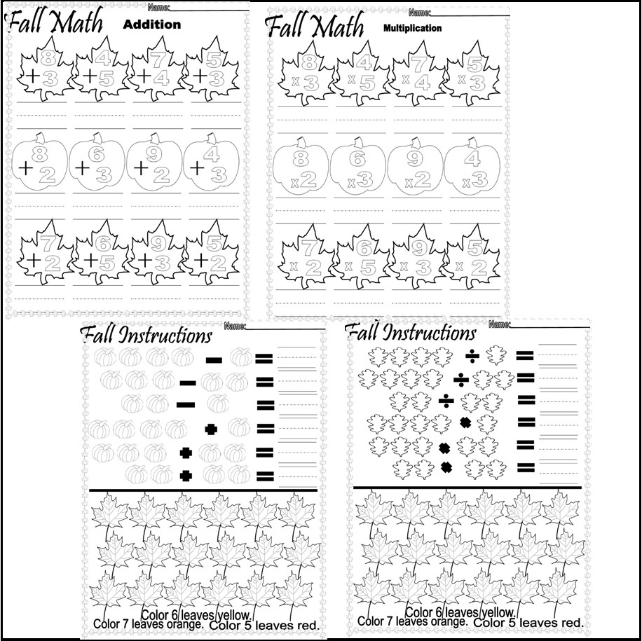 Fall Math Worksheets NO PREP Addition Subtraction Multiplication ...