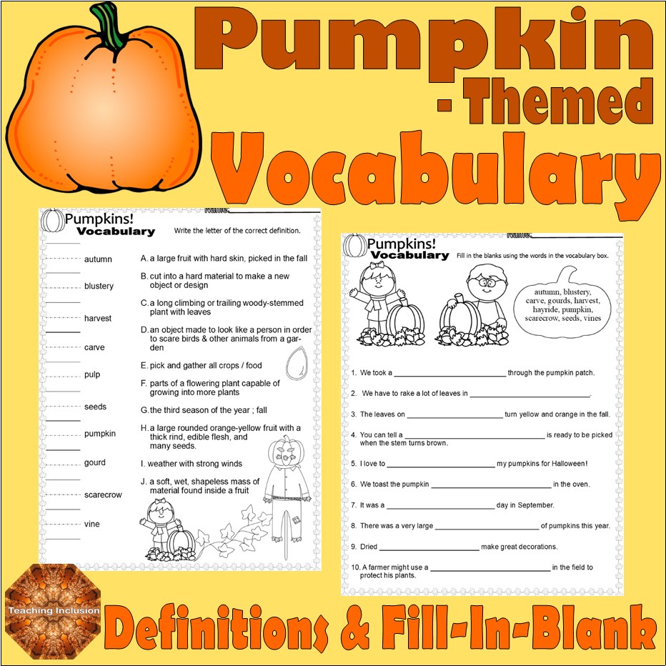 Pumpkin Vocabulary Words Fall Theme Worksheets Definitions & FIB NO ...