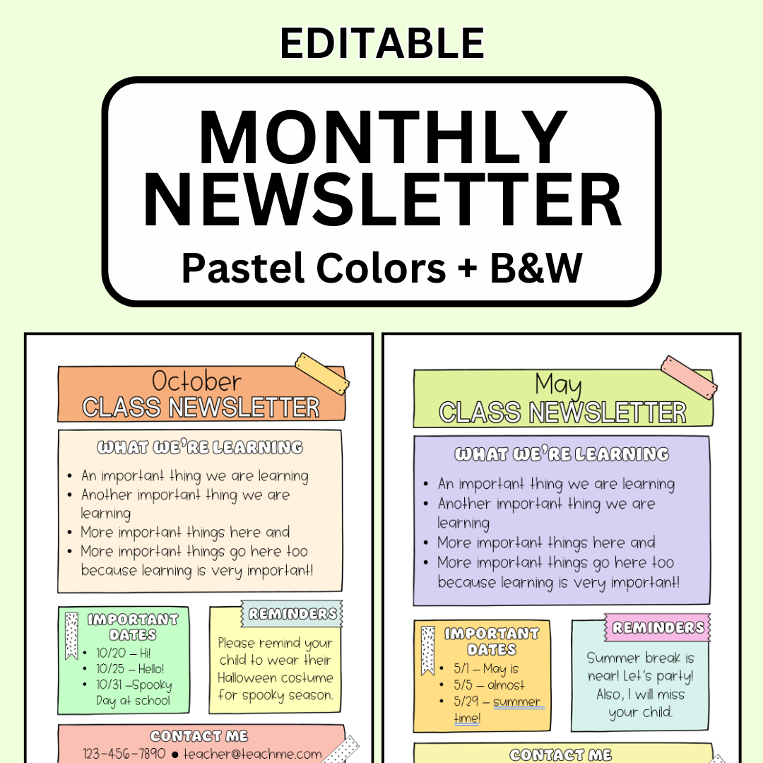 Editable Monthly Newsletter for Teachers | Pastel or Black & White ...