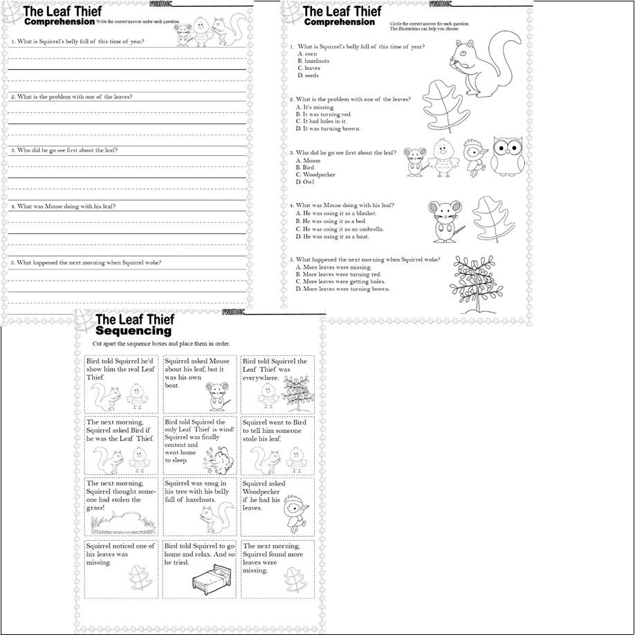 The Leaf Thief Fall Reading Comprehension Test Quiz & Sequencing ...
