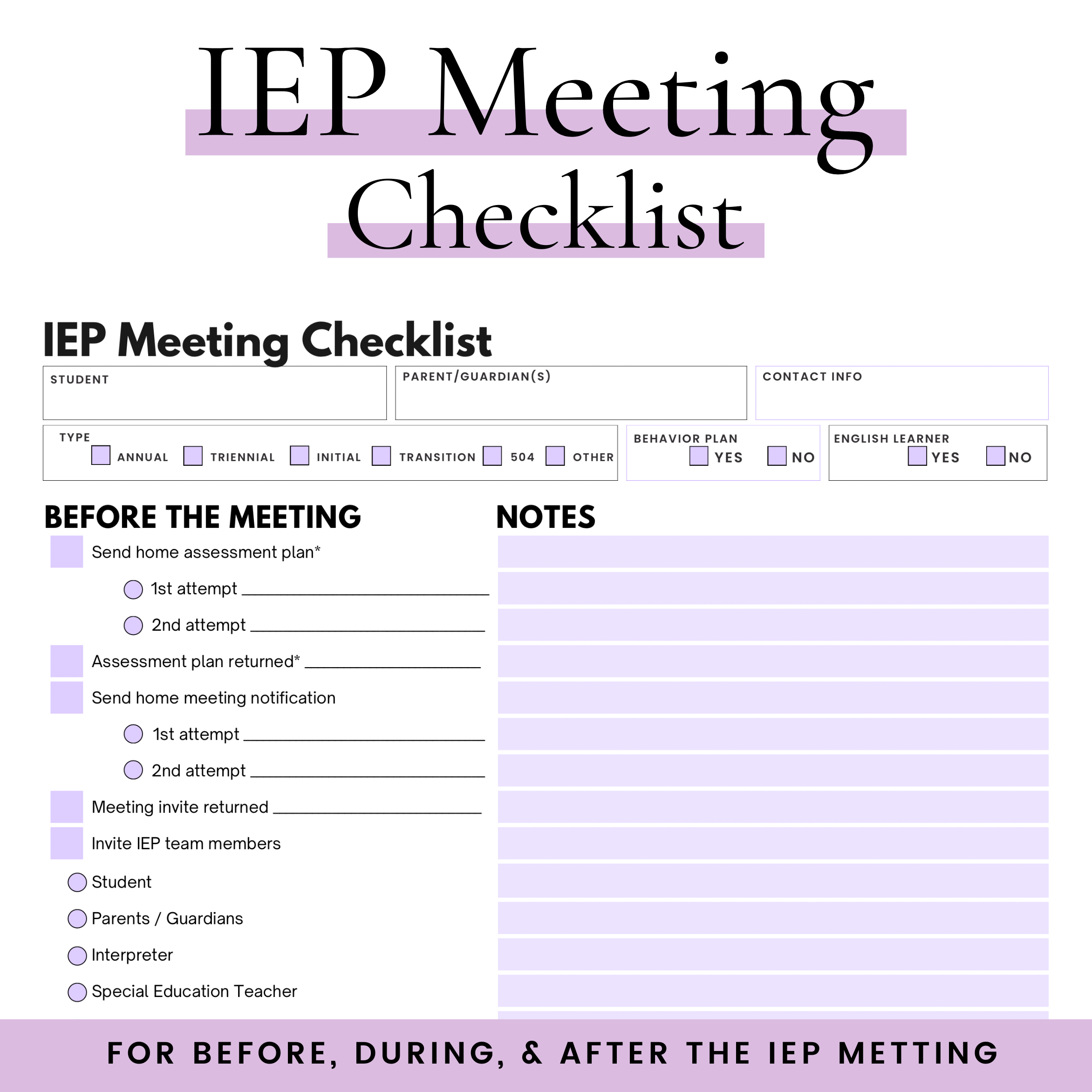 IEP Meeting Checklist | IEP Checklist | Printable PDF - Classful