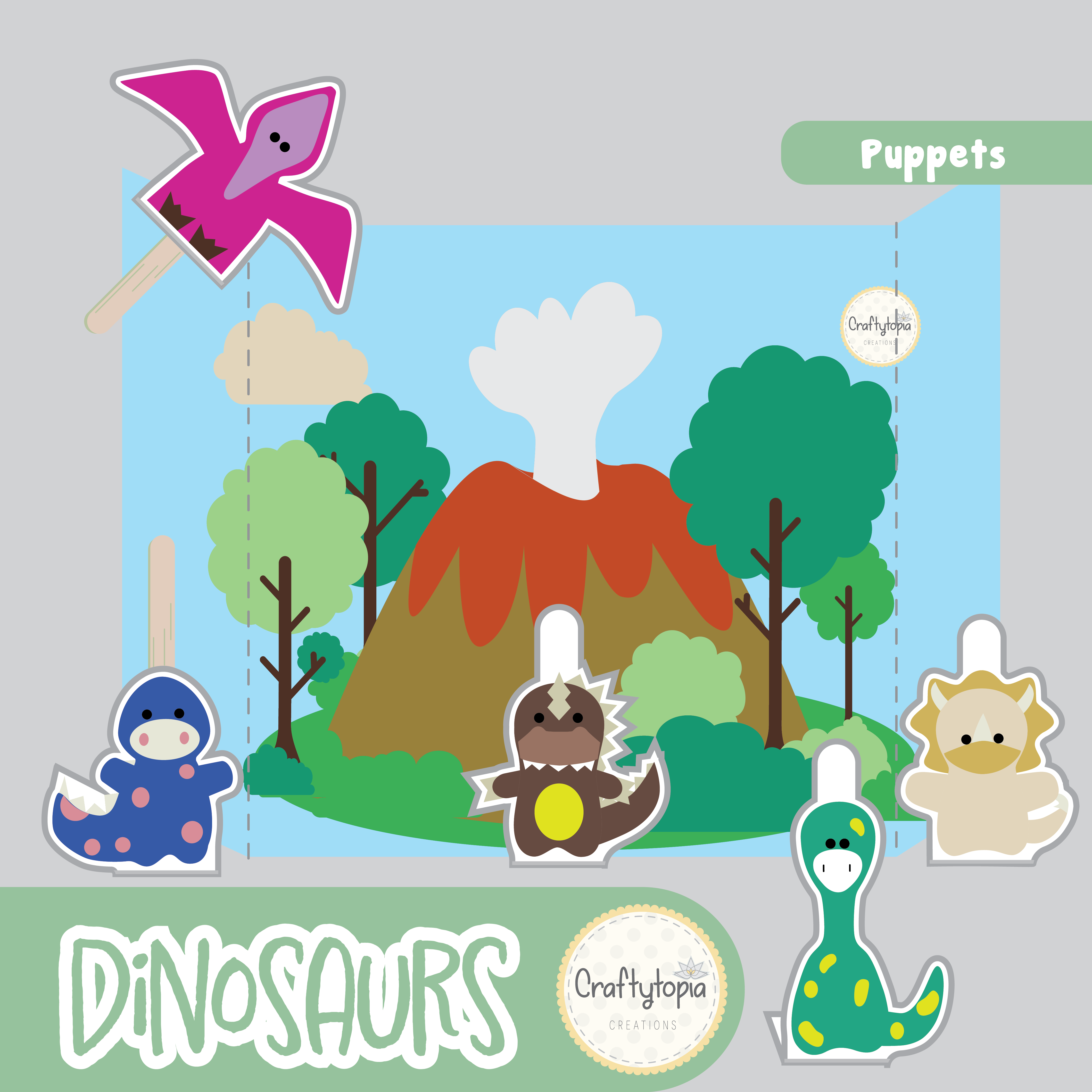 Dinosaurs Volcano Scene and Puppets - Classful