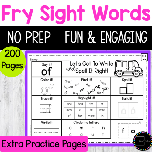 Fry's First 100 Sight Words Worksheets for Kindergarten First Grade ...