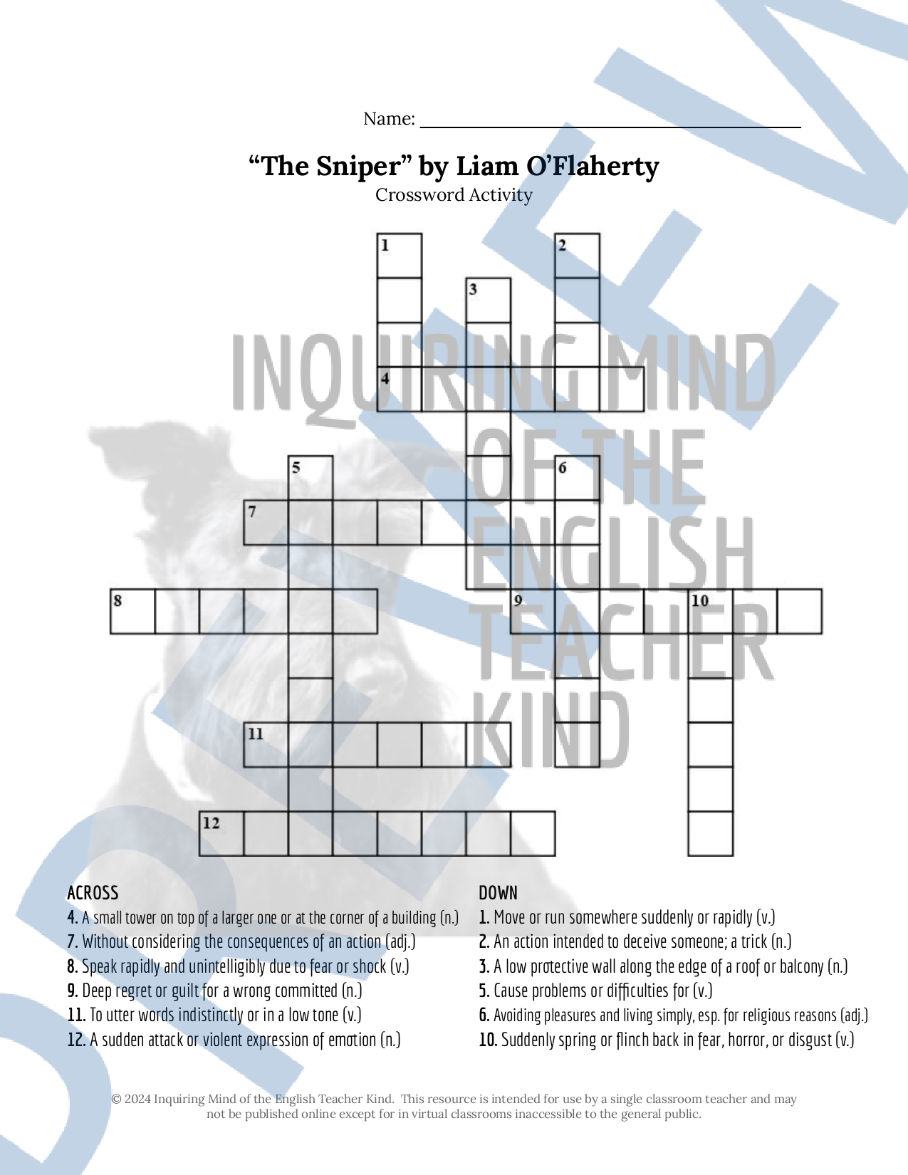 The Sniper by Liam O'Flaherty Vocabulary Games for High School - Classful