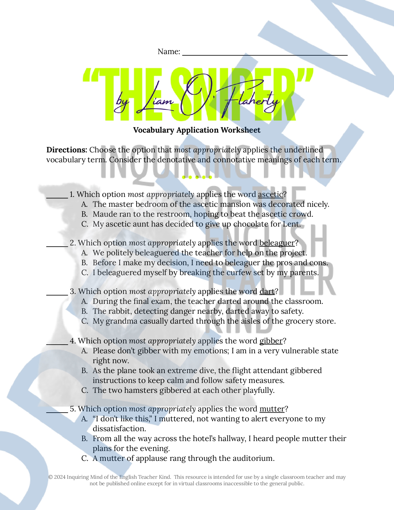 The Sniper by Liam O'Flaherty Vocabulary Games for High School - Classful