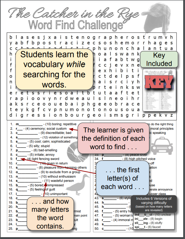 THE CATCHER IN THE RYE - Prereading Vocabulary Puzzle (Worksheet, Quiz ...