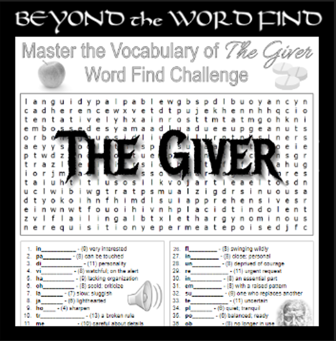 THE GIVER - Prereading Vocabulary Puzzle (Worksheet, Test, Review, Quiz ...