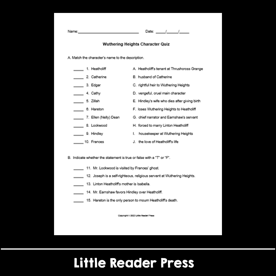 Wuthering Heights Character Quiz with Answer Key - Classful