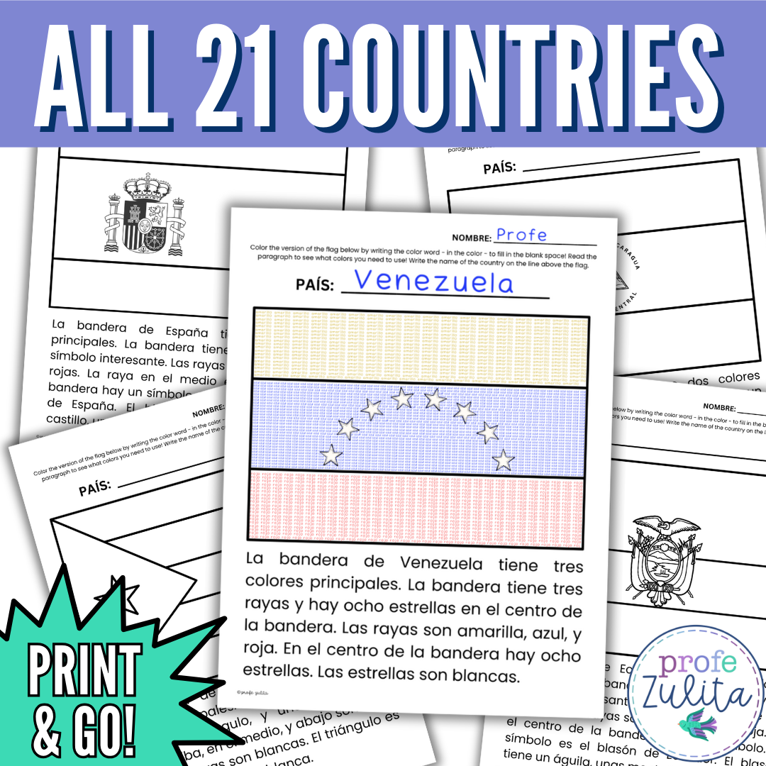 Spanish Speaking Countries Flags & Colors Vocabulary Activity - Spanish ...