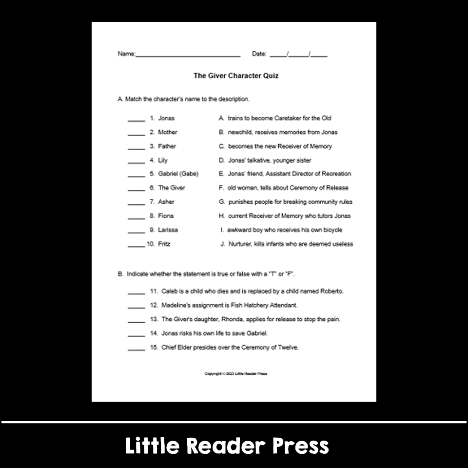 The Giver Character Quiz with Answer Key - Classful