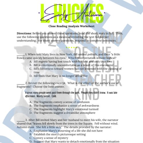 Early Autumn by Langston Hughes Quiz and Close Reading Analysis ...