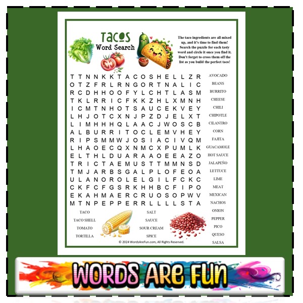 TACOS Word Search Puzzle Handout Fun Activity - Classful