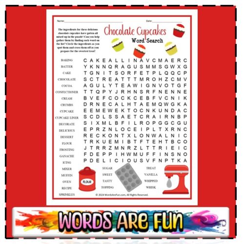 CHOCOLATE CUPCAKES Word Search Puzzle Handout Fun Activity - Classful