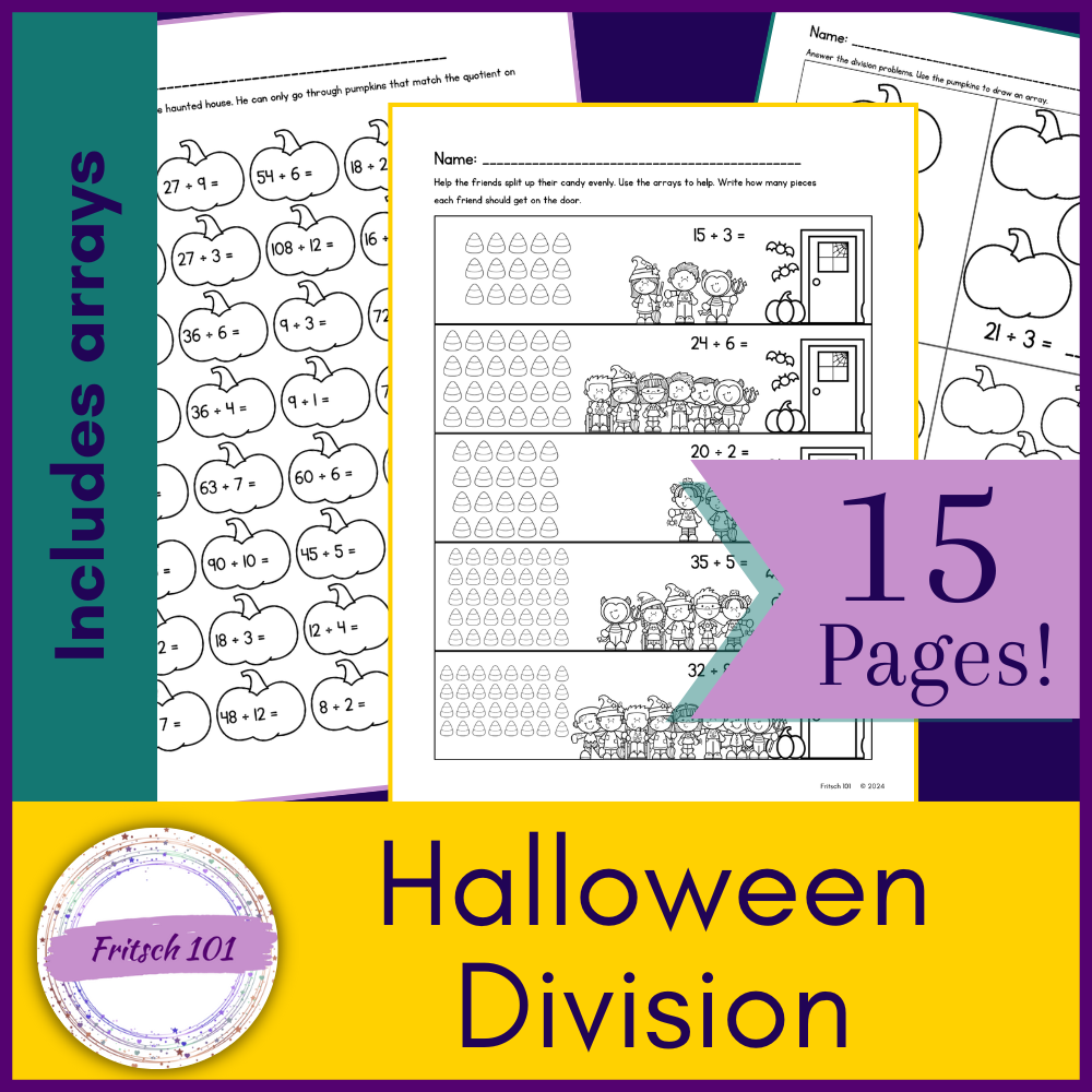 Halloween division with arrays, quotients up to 12, 15 pages, Includes ...