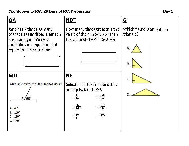 4th Grade Math Florida FSA Printable DISTANCE LEARNING REVIEW / TEST ...
