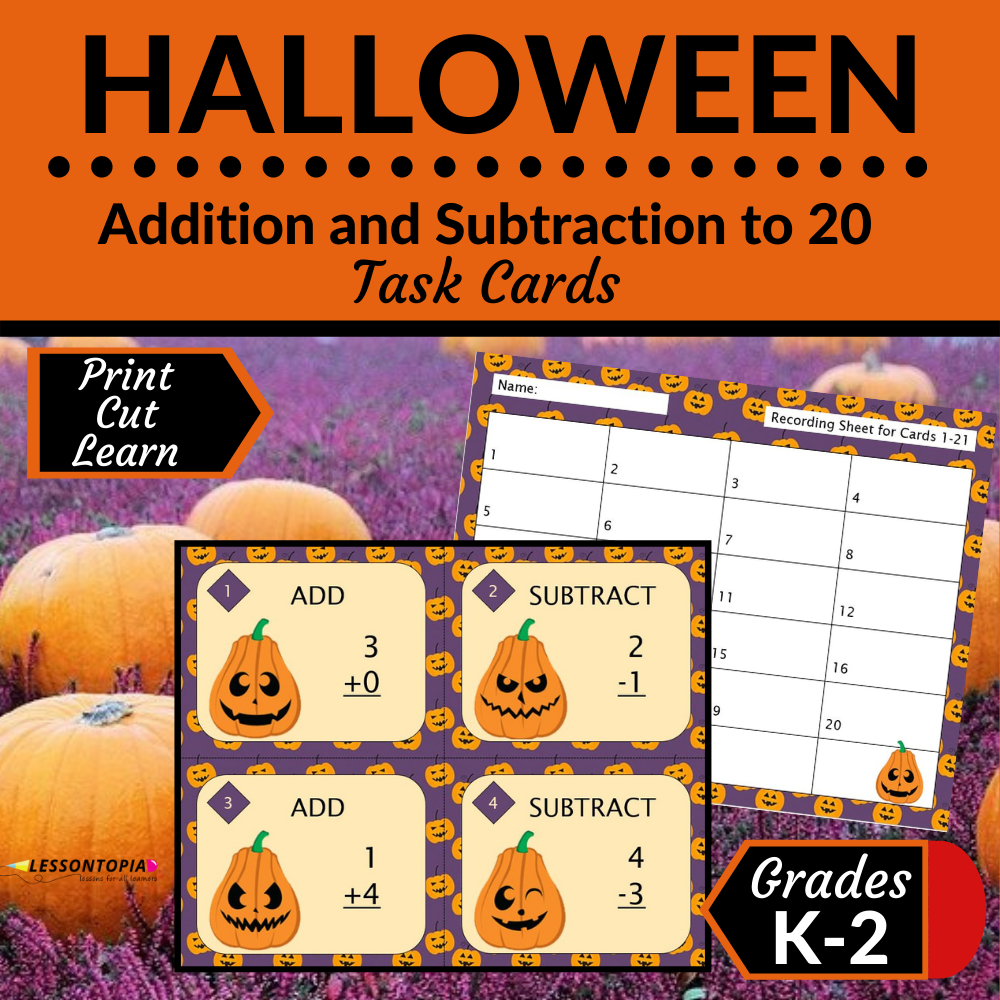 Addition and Subtraction Within 20 | Task Cards | Halloween - Classful