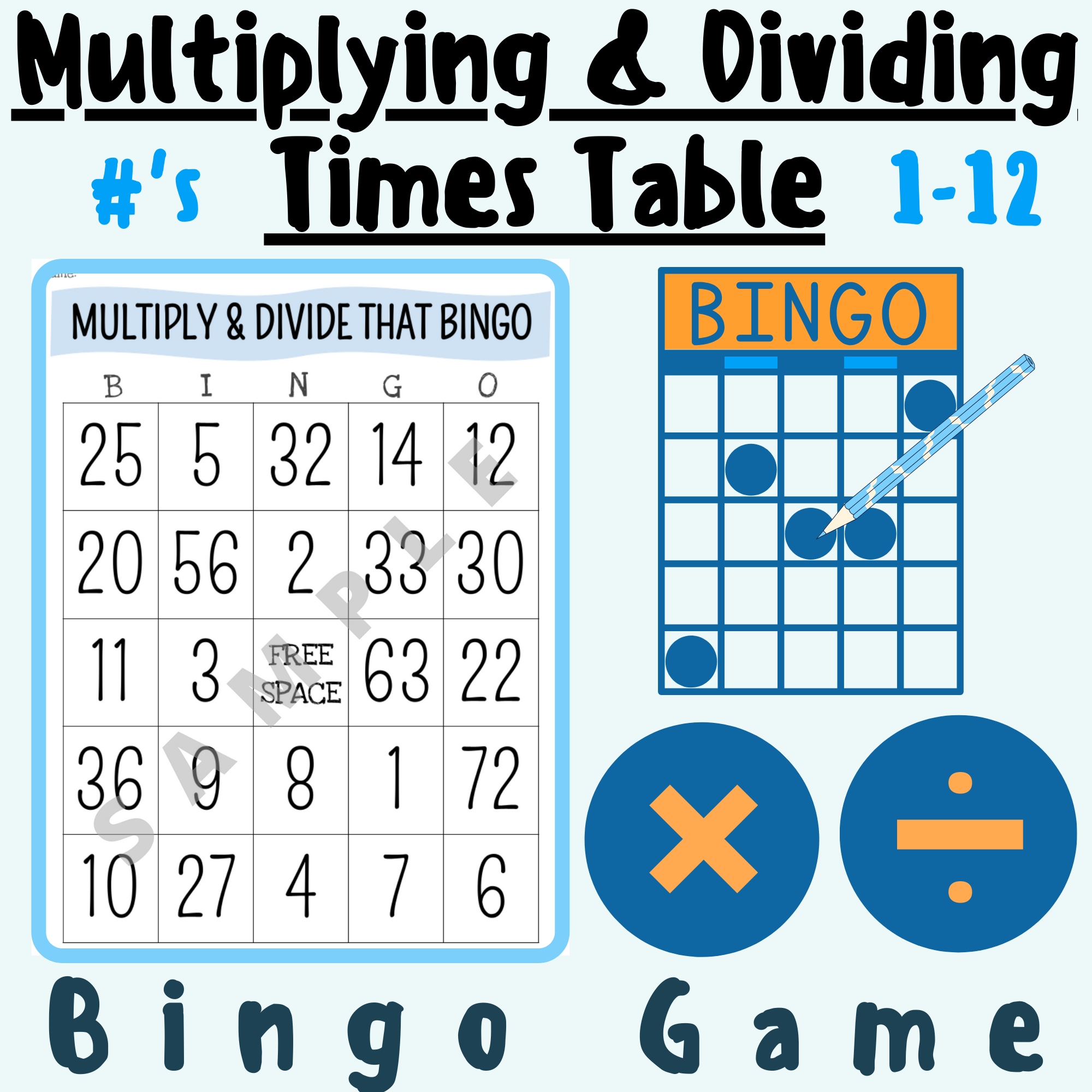 Multiplying and Dividing Times Table Numbers 1-12 Math BINGO GAME; For ...