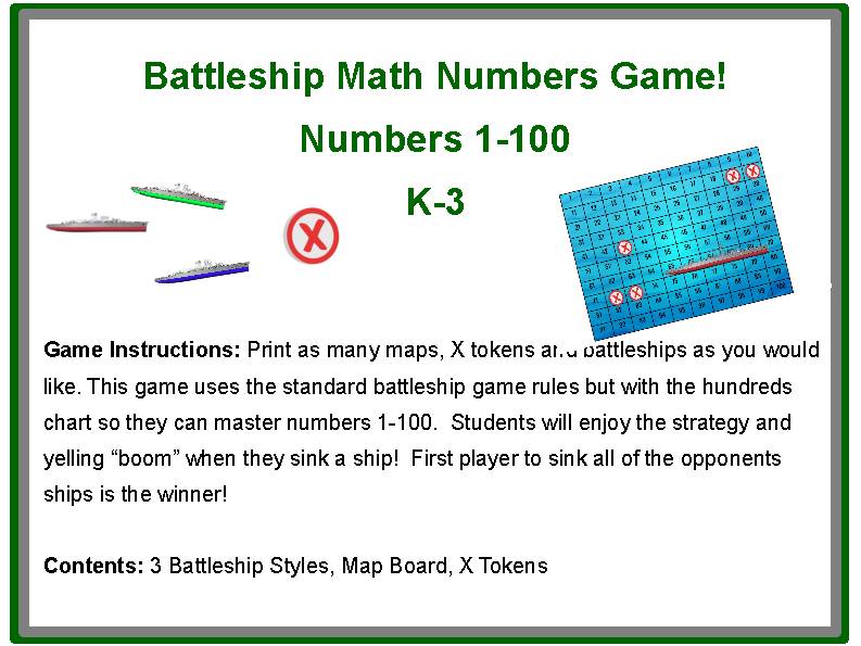 Battleship! Printable Math Game - Numbers 1-100 - Grades K-3 - Classful