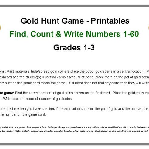 Gold Hunt - Printable Math Game - 60 Flashcards - Grades 1-3 - Classful