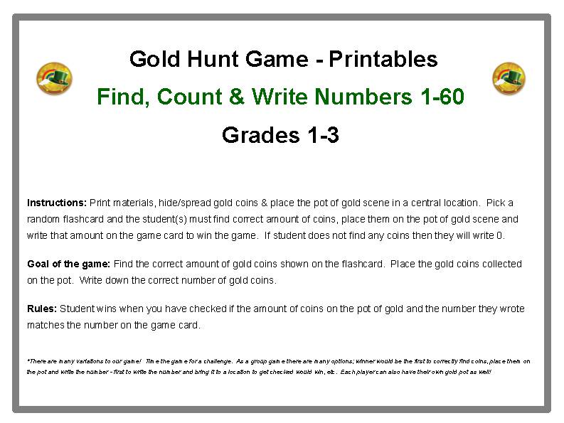 Gold Hunt - Printable Math Game - 60 Flashcards - Grades 1-3 - Classful