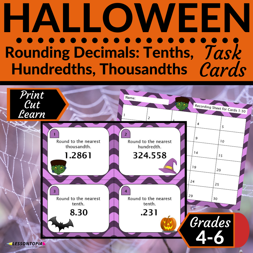 Rounding Decimals | Task Cards | Halloween Theme - Classful