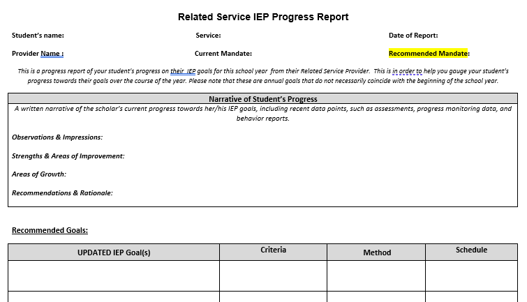IEP Related Service Progress Report Template Classful
