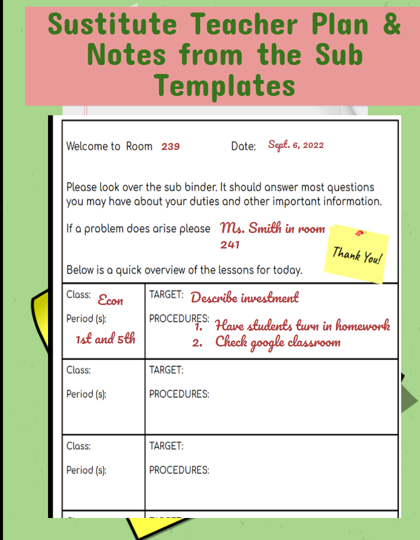 Substitute Teacher Lesson Overview Template And Substitute Notes For 