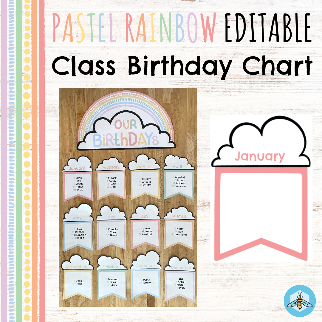 Pastel Rainbow Class Birthday Chart (EDITABLE) - Classful