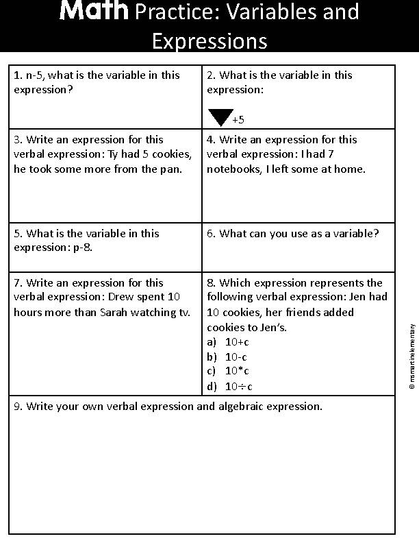 Math Notes and Practice- Variables and Expressions *with answer key ...